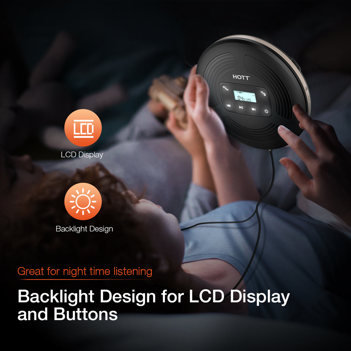 HOTT Portable CD Player with Bluetooth, FM Transmitter, Touch Buttons, Backlight Screen ...